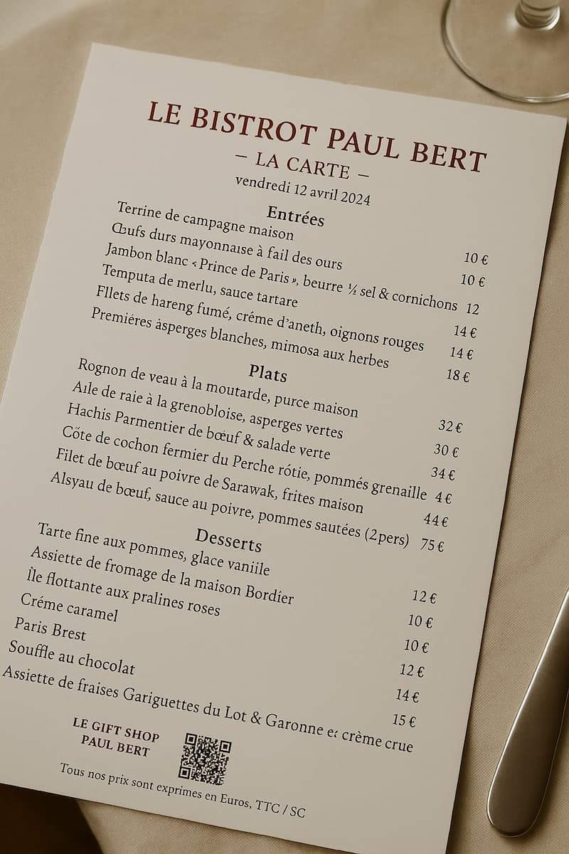 Bistrot Paul Bert à Paris : menu complet et prix 2025